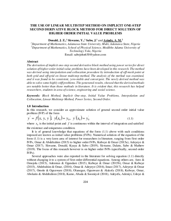 (PDF) THE USE OF LINEAR MULTISTEP METHOD ON IMPLICIT ONE-STEP SECOND DERIVATIVE BLOCK METHOD FOR ...