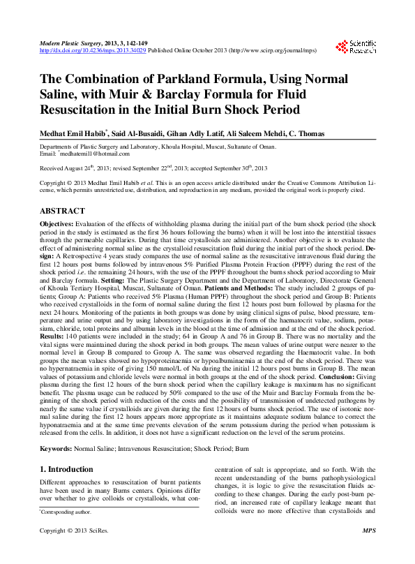 (PDF) The Combination of Parkland Formula, Using Normal Saline, with ...