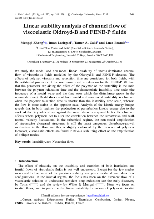 (PDF) Linear stability analysis of channel flow of viscoelastic Oldroyd-B and FENE-P fluids