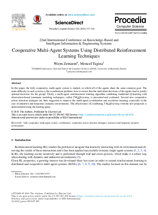 Pdf Cooperative Multi Agent Systems Using Distributed Reinforcement Learning Techniques