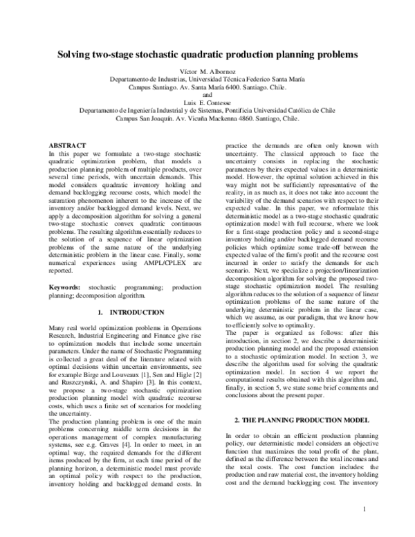 Pdf Solving Two Stage Stochastic Quadratic Production Planning Problems