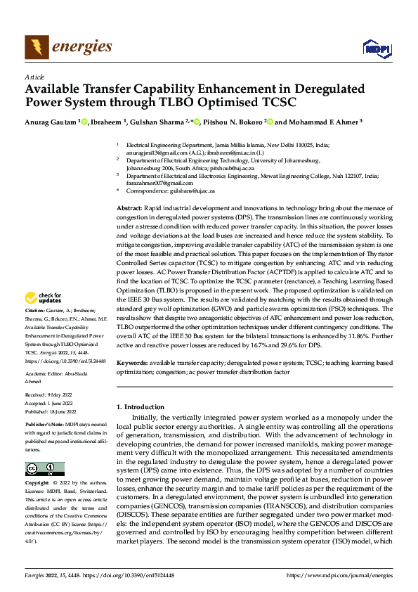 (PDF) Available Transfer Capability Enhancement in Deregulated Power ...