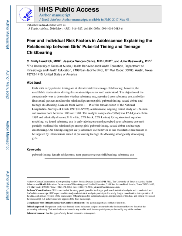 Pdf Peer And Individual Risk Factors In Adolescence Explaining The