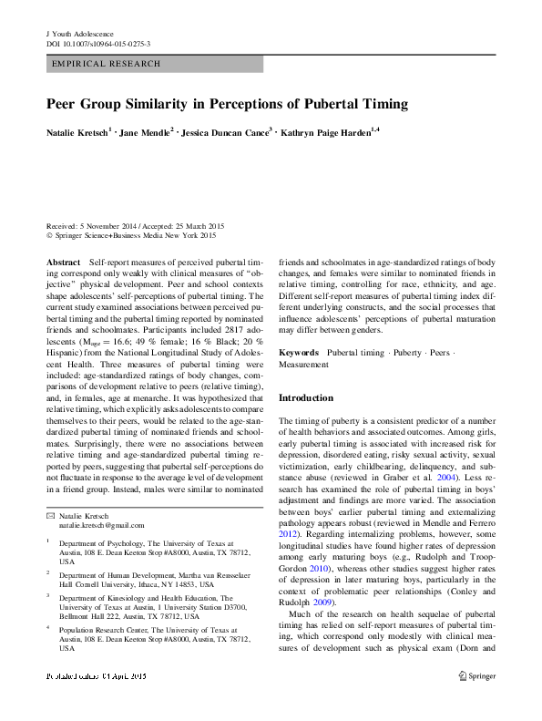Pdf Peer Group Similarity In Perceptions Of Pubertal Timing