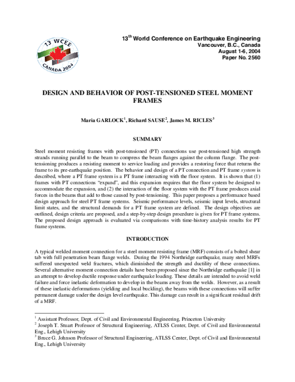 (PDF) Design and behavior of post-tensioned steel moment frames
