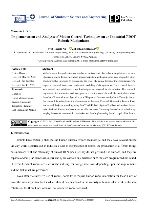 (PDF) Motion Control Techniques for a 7 DOF Robotic Manipulator