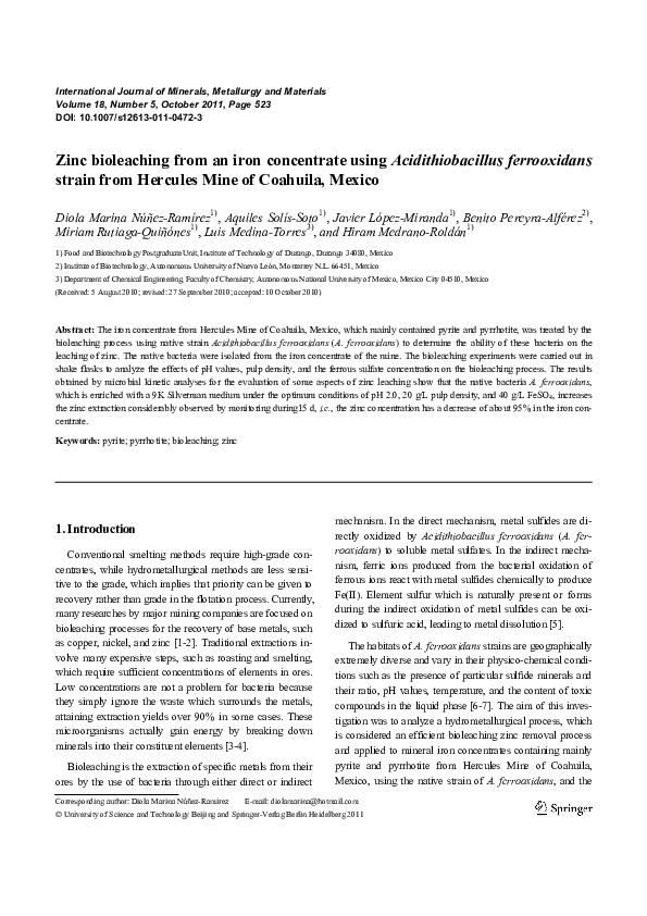 (PDF) Zinc bioleaching from an iron concentrate using Acidithiobacillus ...