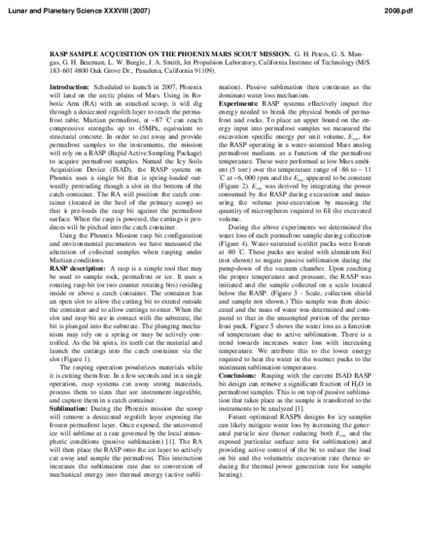 (PDF) RASP Sample Acquisition on the Phoenix Mars Scout Mission