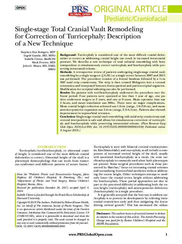 (PDF) Single-stage Total Cranial Vault Remodeling for Correction of ...