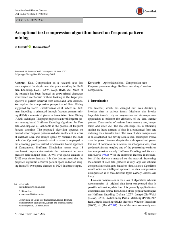 (PDF) An optimal text compression algorithm based on frequent pattern mining