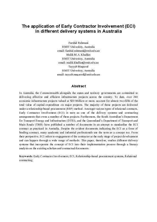 (PDF) The application of Early Contractor Involvement (ECI) in ...