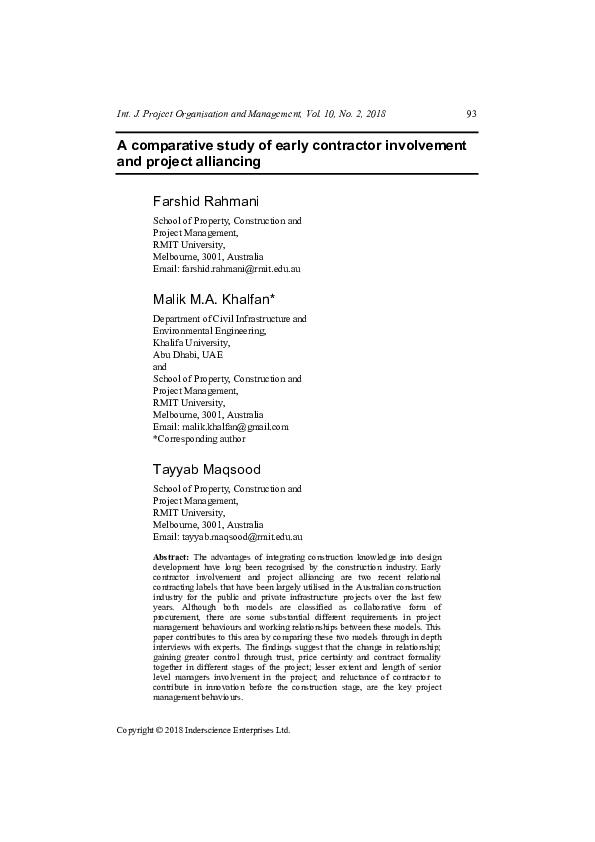 (PDF) A comparative study of early contractor involvement and project ...