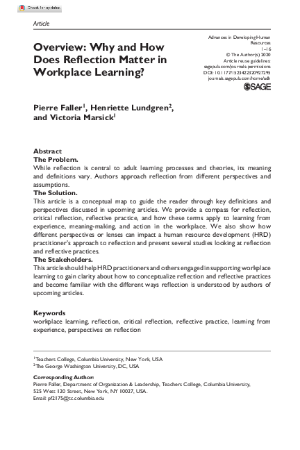 (PDF) Overview: Why and How Does Reflection Matter in Workplace Learning?