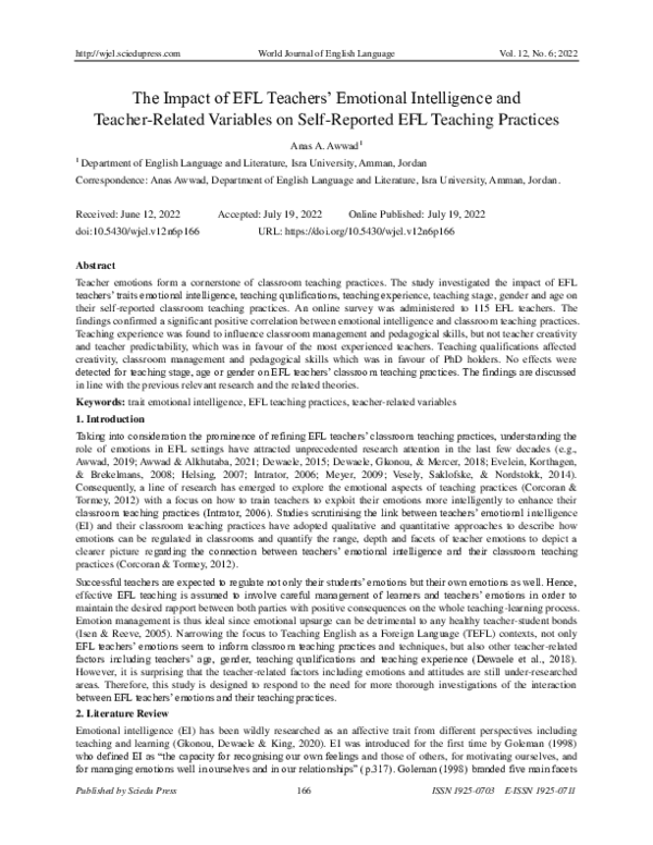 (PDF) The Impact of EFL Teachers’ Emotional Intelligence and Teacher-Related Variables on Self ...