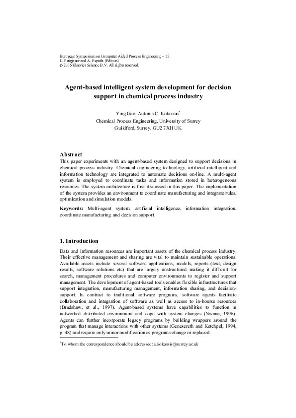 (PDF) Agent-based intelligent system development for decision support in chemical process industry
