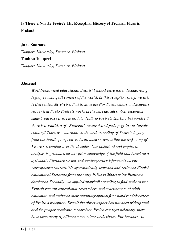 (PDF) Is There a Nordic Freire? The Reception History of Freirian Ideas ...