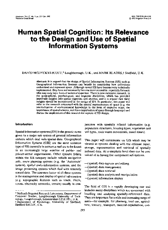 Pdf Human Spatial Cognition Its Relevance To The Design And Use Of Spatial Information Systems
