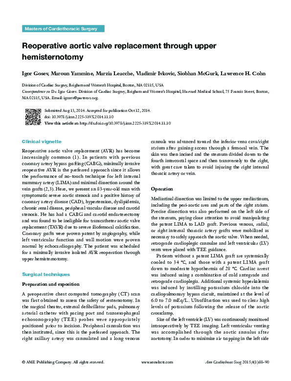 (PDF) Reoperative aortic valve replacement through upper hemisternotomy ...