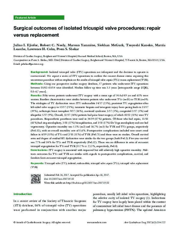(PDF) Surgical outcomes of isolated tricuspid valve procedures: repair ...