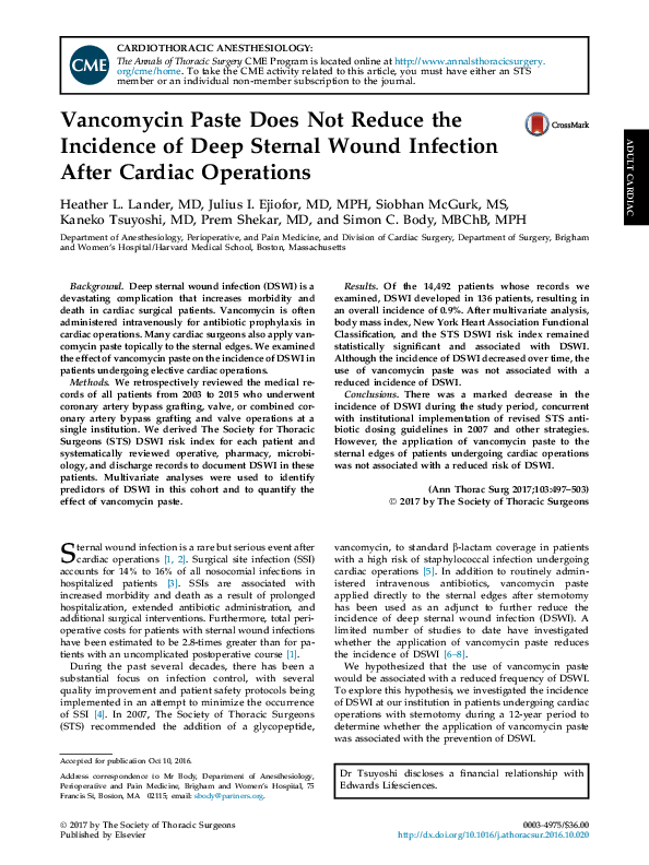 (PDF) Vancomycin Paste Does Not Reduce the Incidence of Deep Sternal ...