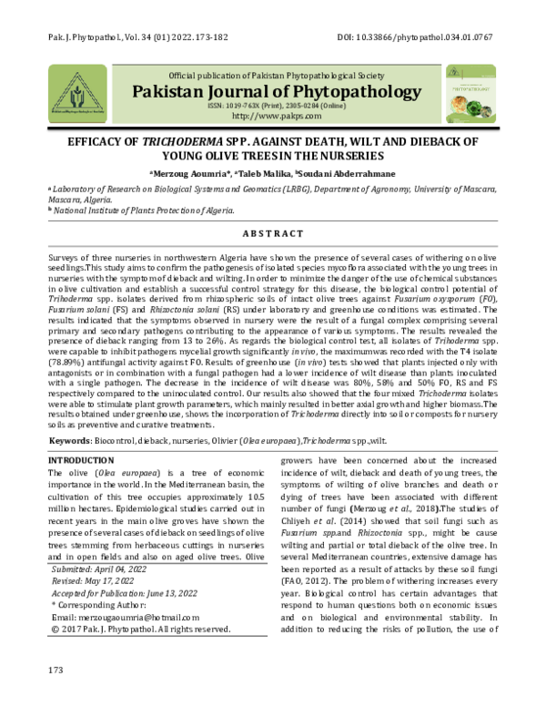 Pdf Efficacy Of Trichoderma Spp Against Death Wilt And Dieback Of Young Olive Trees In The