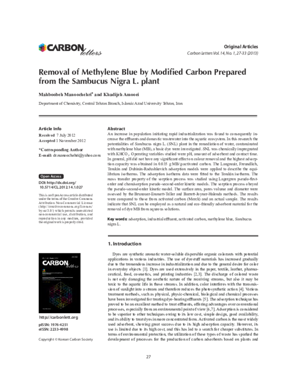 (PDF) Removal of Methylene Blue by Modified Carbon Prepared from the ...