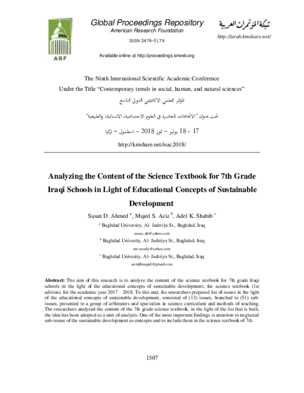 (PDF) Analyzing the Content of the Science Textbook for 7th Grade Iraqi ...