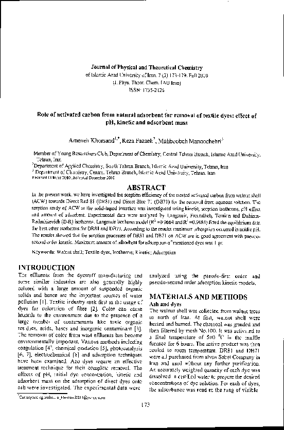 (PDF) Role of activated carbon from natural adsorbent for removal of textile dyes: effect of pH ...