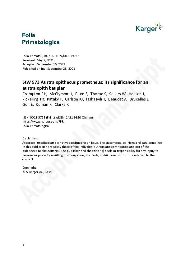 (PDF) StW 573 Australopithecus prometheus: Its Significance for an ...