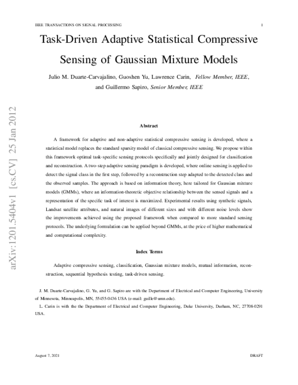 IEEE TRANSACTIONS ON SIGNAL PROCESSING 1 Task-Driven Adaptive Statistical Compressive Sensing of ...