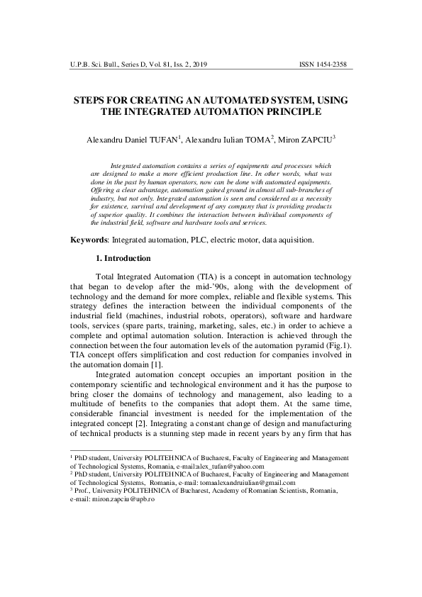 Pdf Steps For Creating An Automated System Using The Integrated Automation Principle