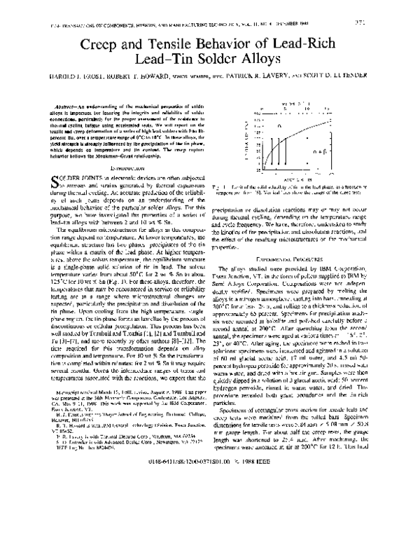 (PDF) Creep and tensile behavior of lead-rich, lead-tin solder alloys