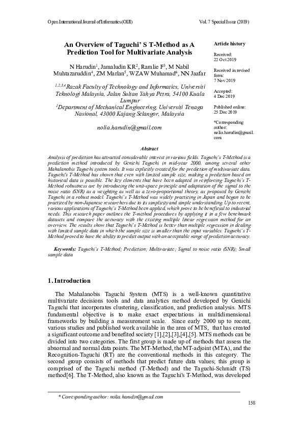 (PDF) An Overview of Taguchi’ S T-Method as A Prediction Tool for Multivariate Analysis