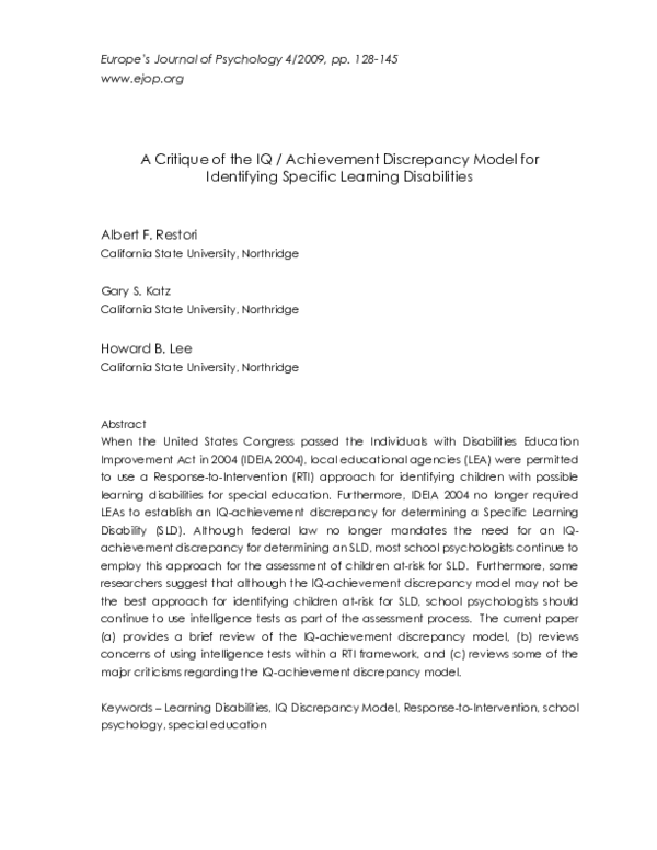 (PDF) A Critique of the IQ / Achievement Discrepancy Model for ...