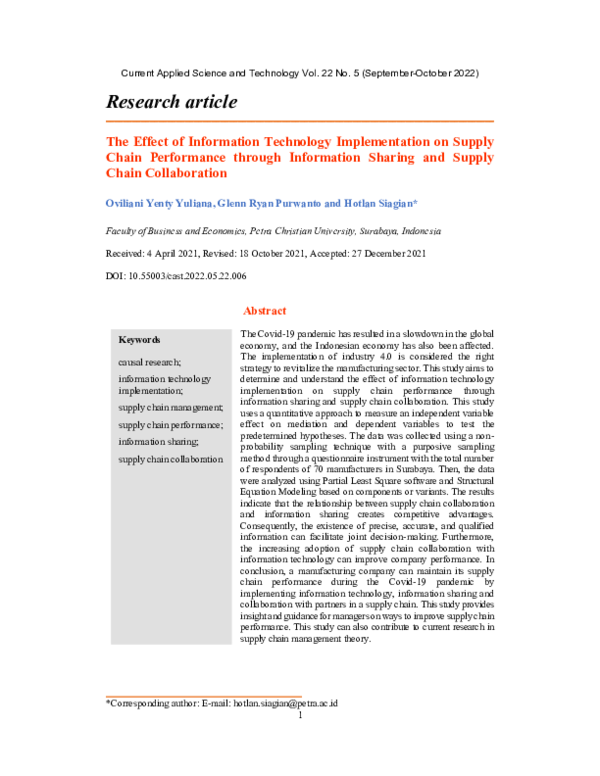 Pdf The Effect Of Information Technology Implementation On Supply Chain Performance Through
