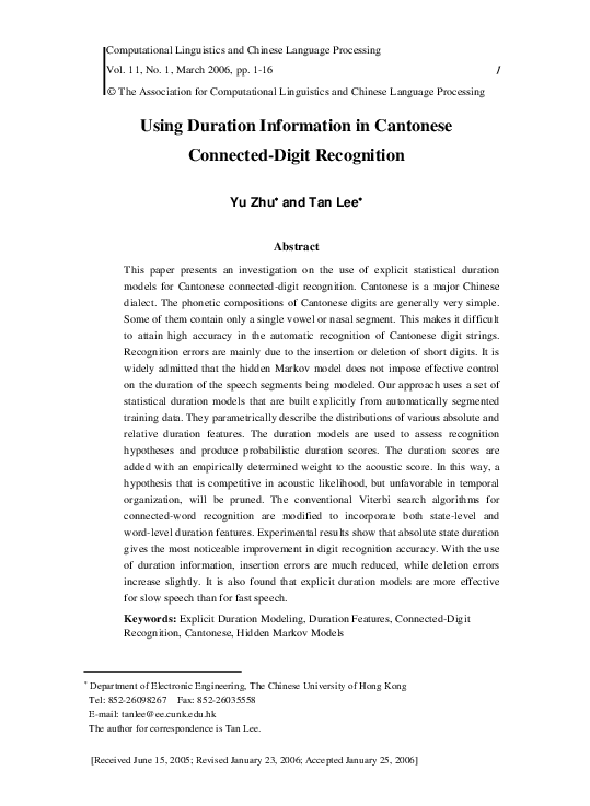 (PDF) Using Duration Information in Cantonese Connected-Digit Recognition