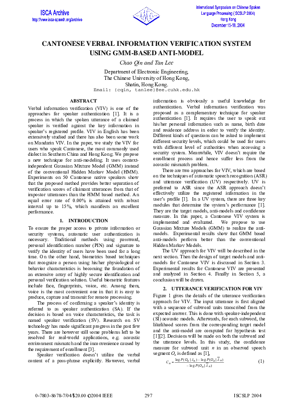(PDF) Cantonese verbal information verification system using GMM-based ...