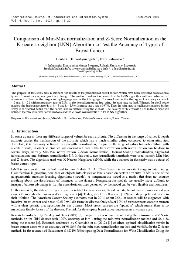 Pdf Comparison Of Min Max Normalization And Z Score Normalization In The K Nearest Neighbor