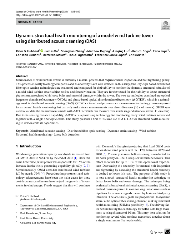 (PDF) Dynamic structural health monitoring of a model wind turbine ...