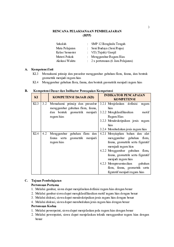 (DOC) RENCANA PELAKSANAAN PEMBELAJARAN (RPP) Sekolah : SMP 12 Bengkulu ...