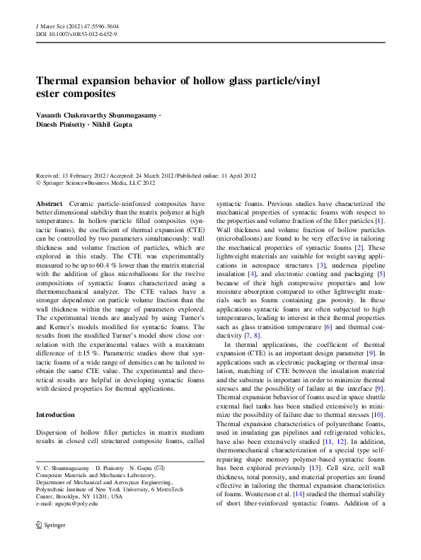 (PDF) Thermal expansion behavior of hollow glass particle/vinyl ester ...