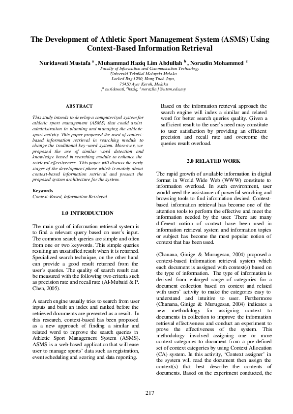 (PDF) The Development of Athletic Sport Management System (ASMS) Using Context-Based Information ...