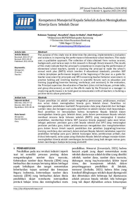 (PDF) Kompetensi Manajerial Kepala Sekolah Dalam Meningkatkan Kinerja Guru Sekolah Dasar
