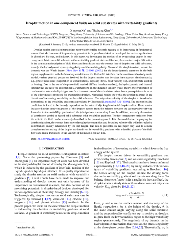 (PDF) Droplet motion in one-component fluids on solid substrates with ...