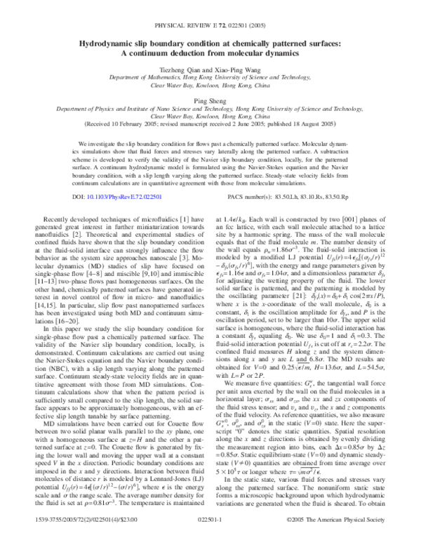 Pdf Hydrodynamic Slip Boundary Condition At Chemically Patterned