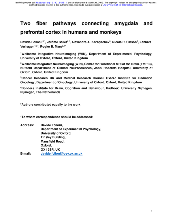 (PDF) Two fiber pathways connecting amygdala and prefrontal cortex in humans and monkeys ...