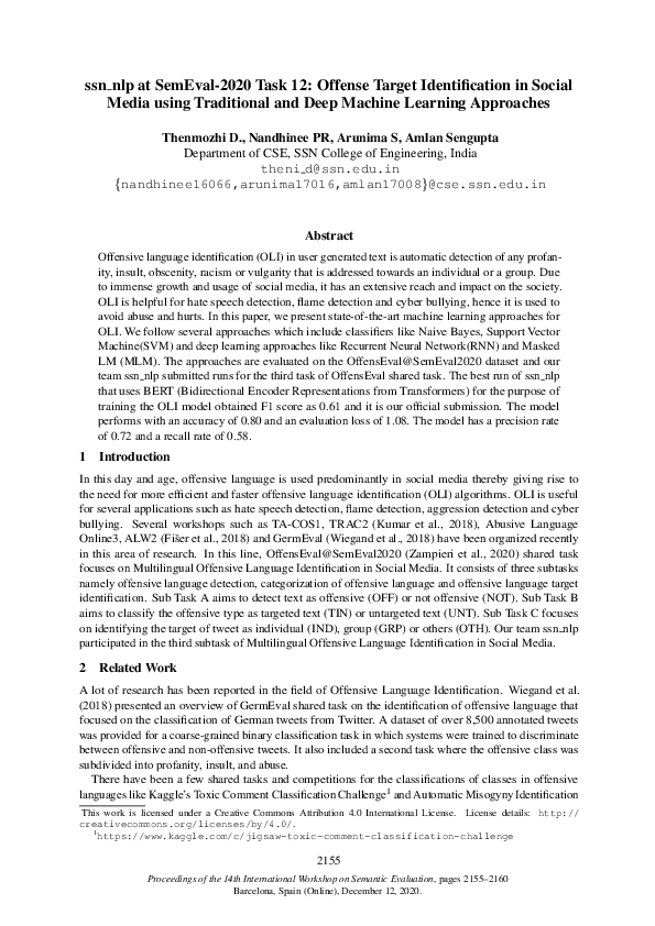 Pdf Ssnnlp At Semeval 2020 Task 12 Offense Target Identification In