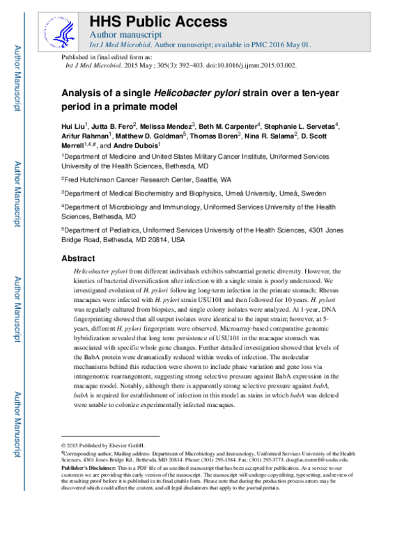 (PDF) Analysis of a single Helicobacter pylori strain over a 10-year ...