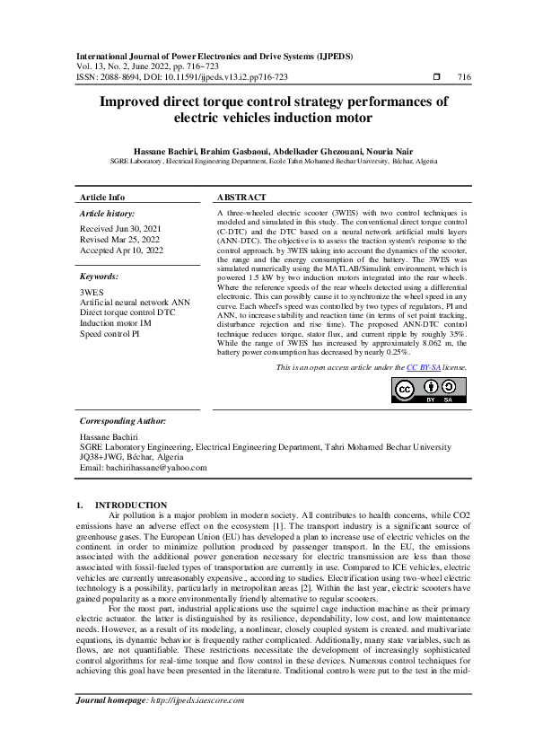 Pdf Improved Direct Torque Control Strategy Performances Of Electric
