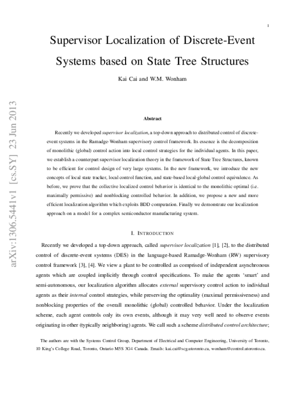 (PDF) Supervisor Localization of Discrete-Event Systems Based on State Tree Structures